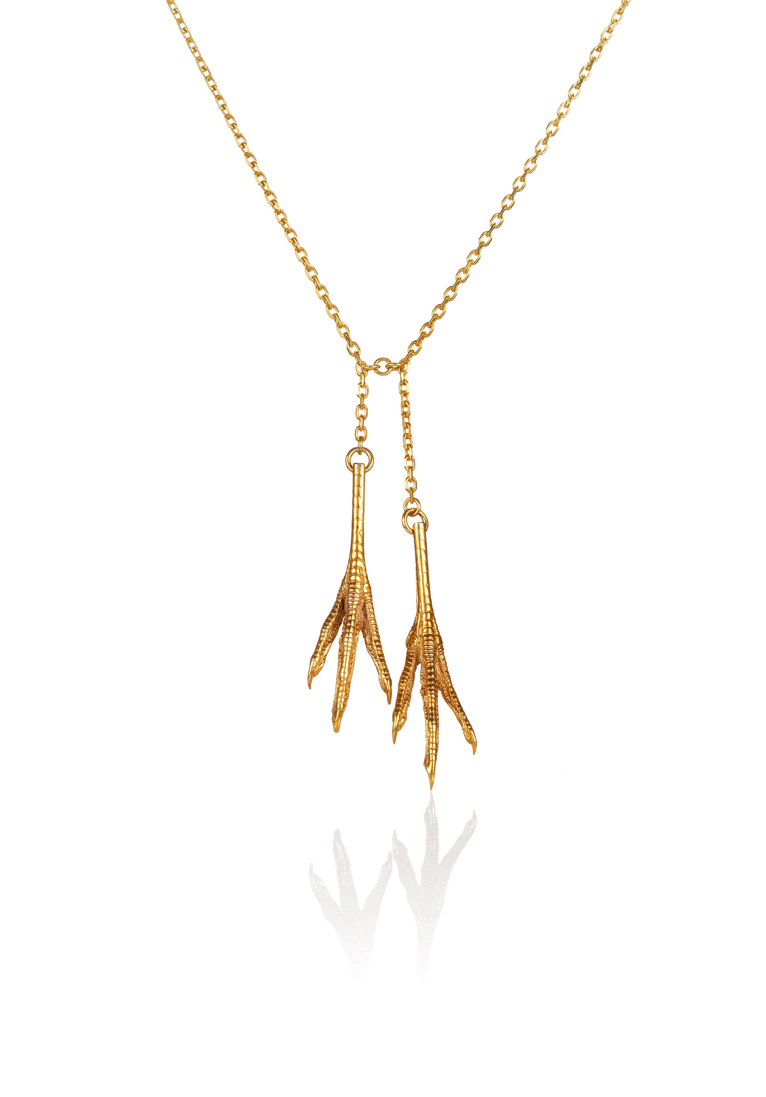Unique designer Chicken Feet necklace with double pendant, 18 karat go ...